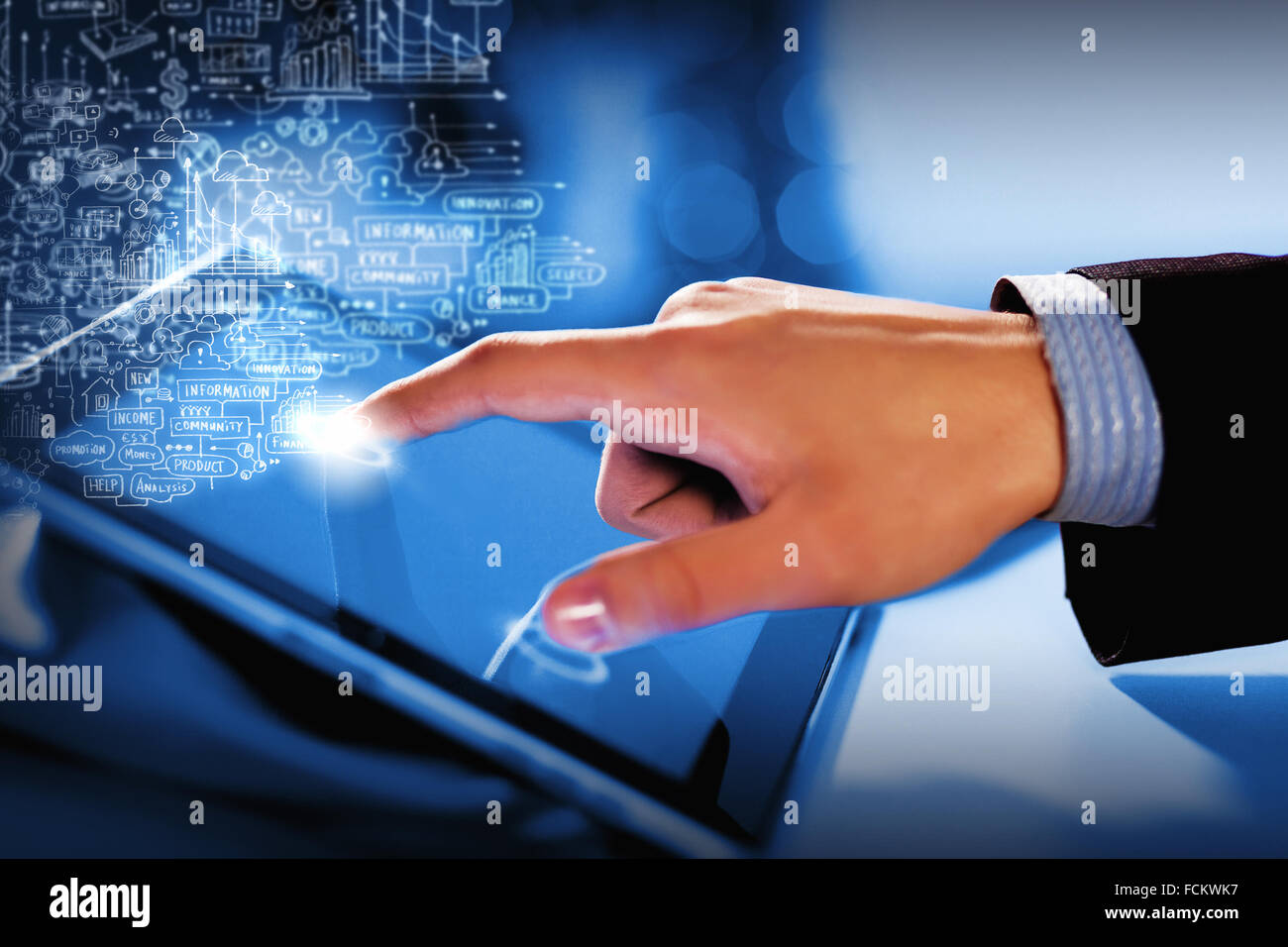 Close up of human hand touching screen of tablet Stock Photo - Alamy