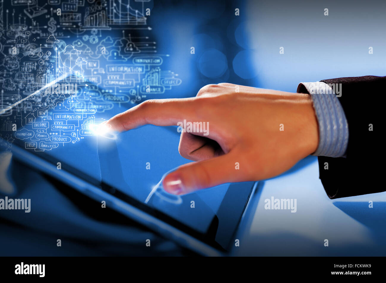 Close up of human hand touching screen of tablet Stock Photo - Alamy