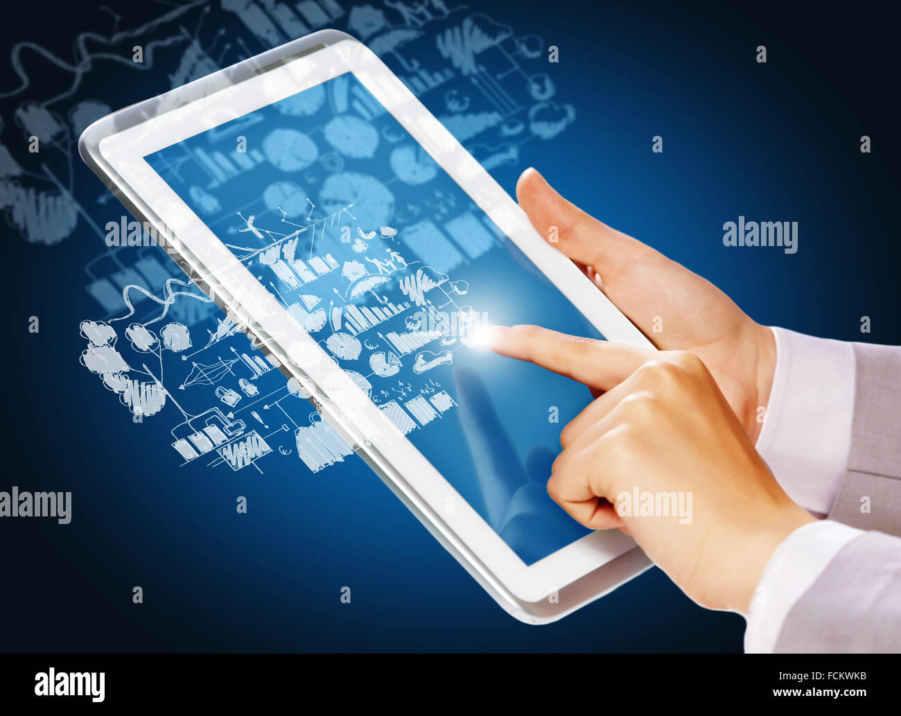 Close up of human hand touching screen of tablet Stock Photo - Alamy
