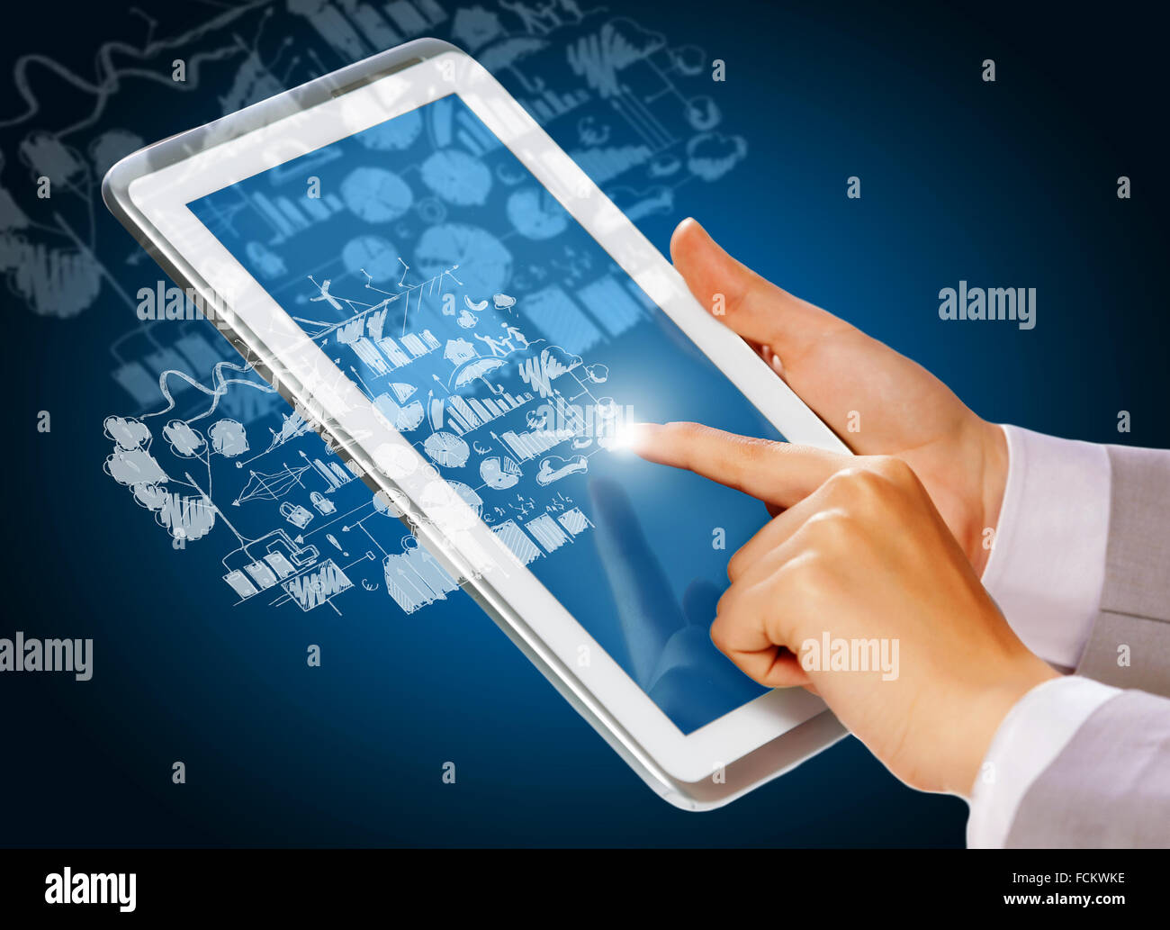 Close up of human hand touching screen of tablet Stock Photo - Alamy