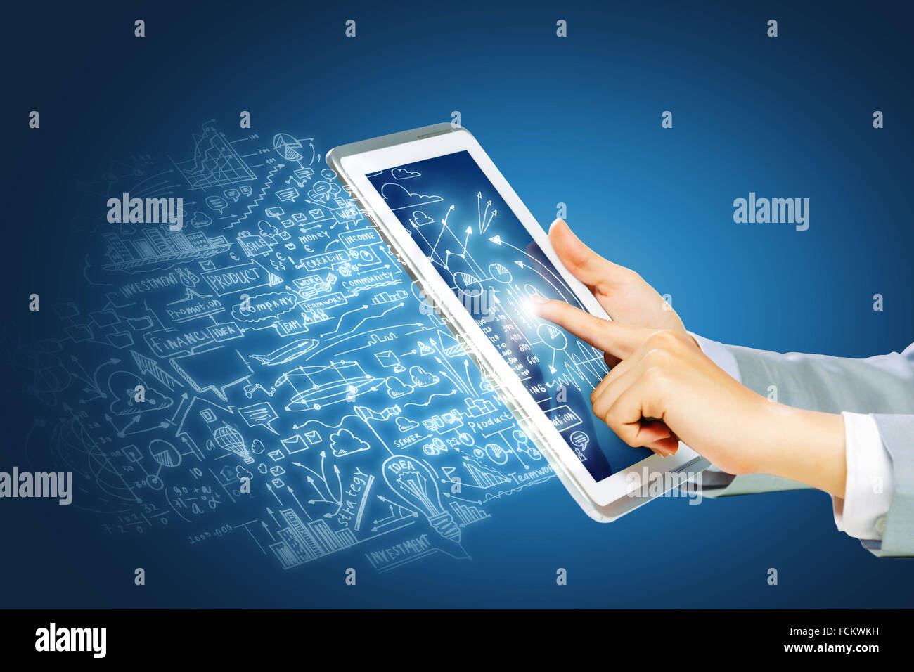 Close up of human hand touching screen of tablet Stock Photo - Alamy