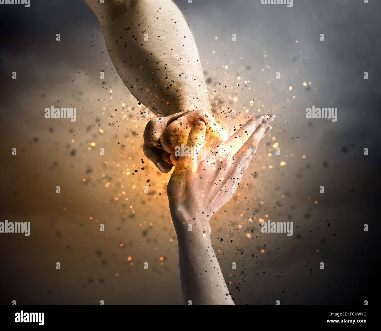 One hand preventing punch attack of another hand Stock Photo - Alamy
