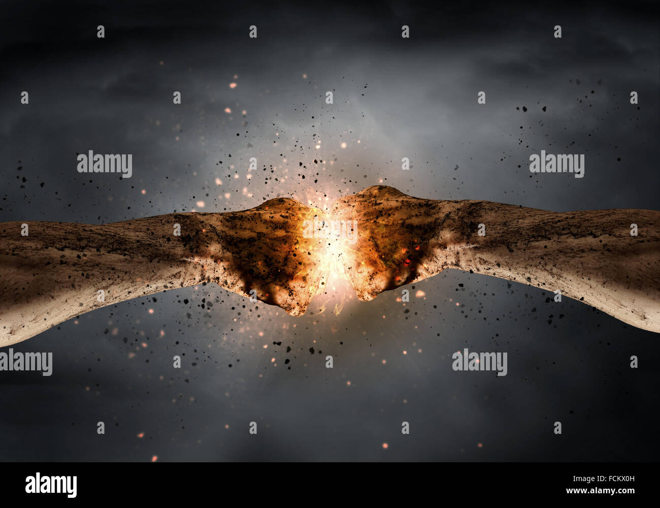 One hand preventing punch attack of another hand Stock Photo - Alamy