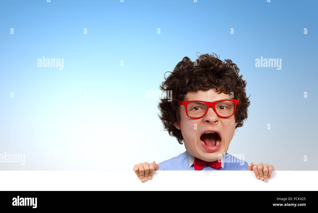 Young funny man with big head holding banner Stock Photo - Alamy