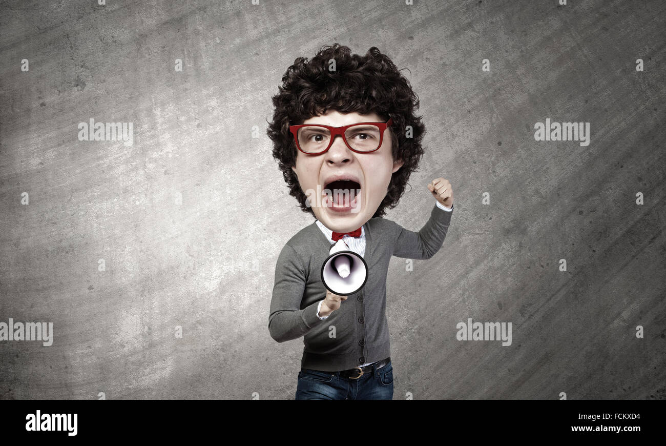 Funny young man with big head screaming emotional Stock Photo - Alamy