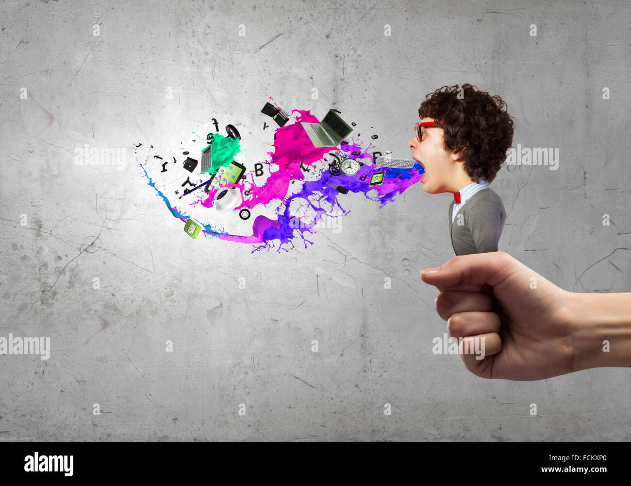 Funny young man with big head screaming emotional Stock Photo - Alamy