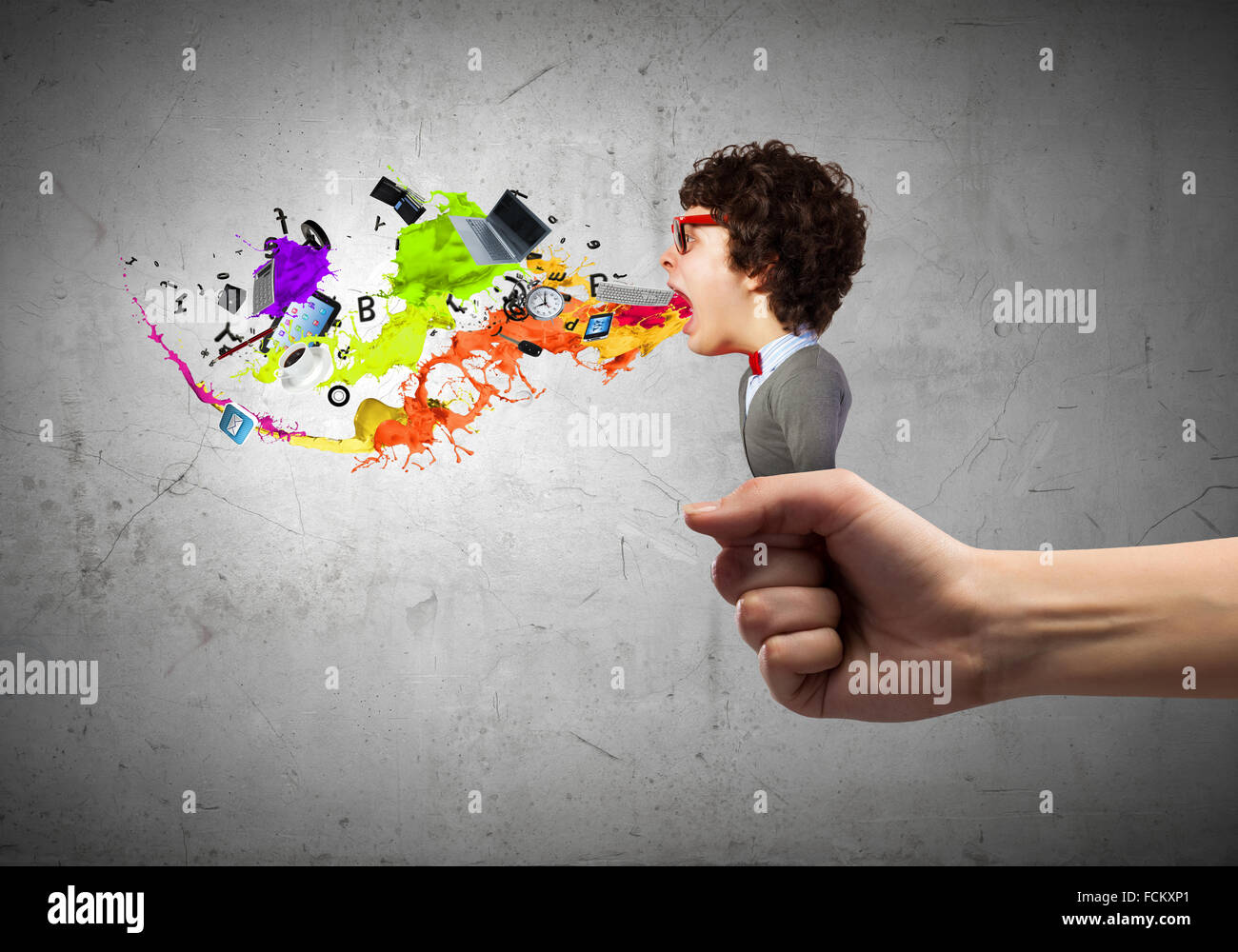 Funny young man with big head screaming emotional Stock Photo - Alamy
