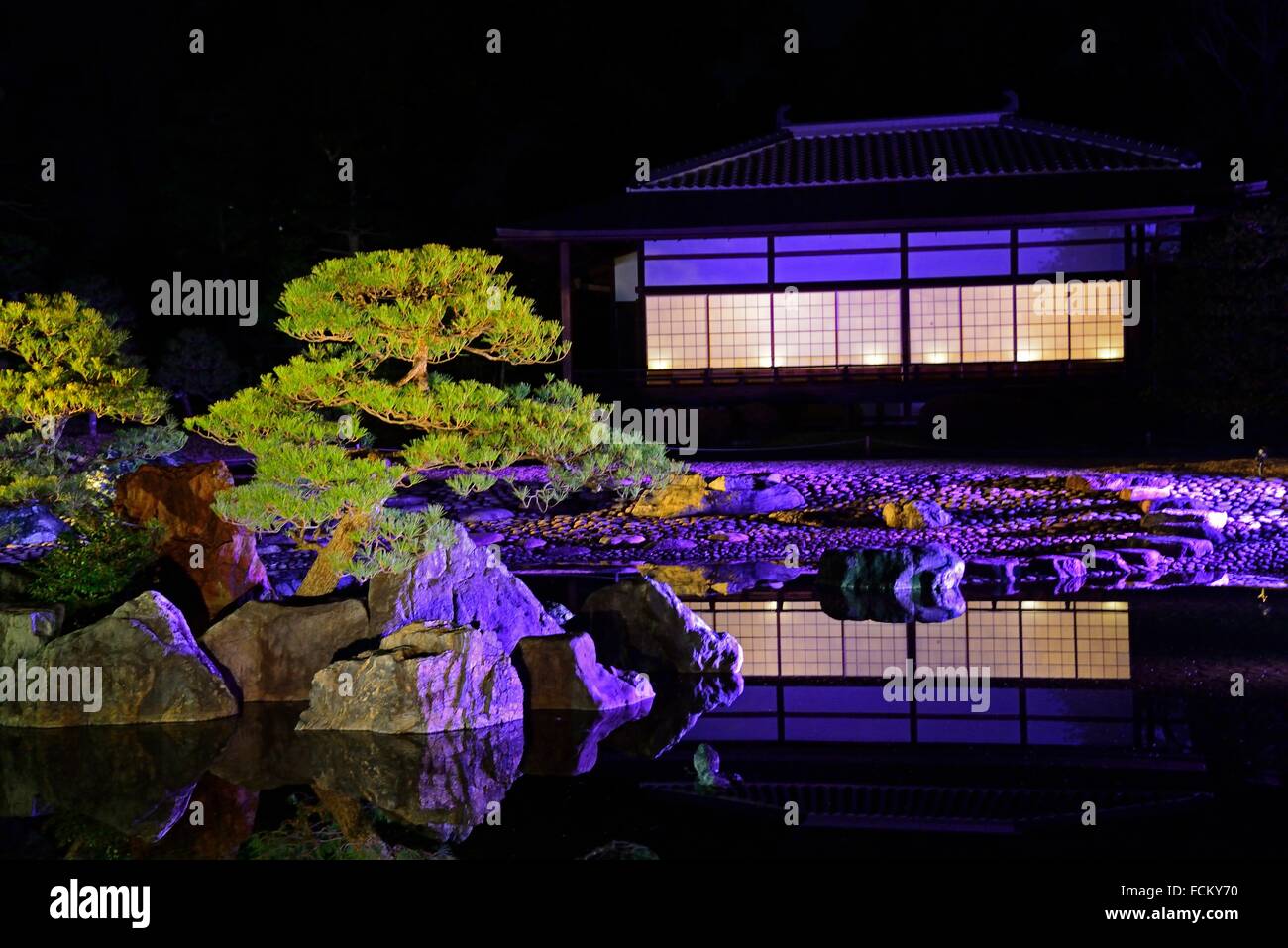 Classsical Japanese gardens on the grounds of Nijo Castle by night ...