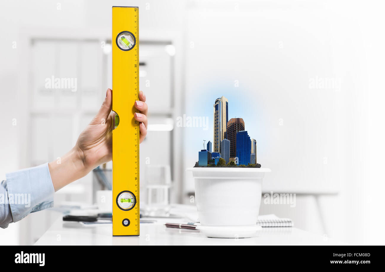 Close up of human hand measuring plant in pot with ruler Stock Photo ...