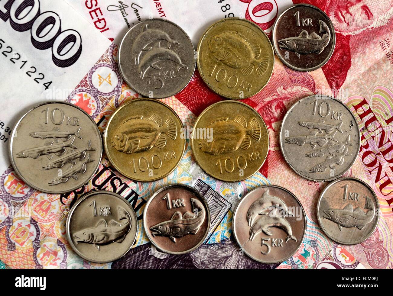 Icelandic coins with sea animals motiffs Stock Photo - Alamy