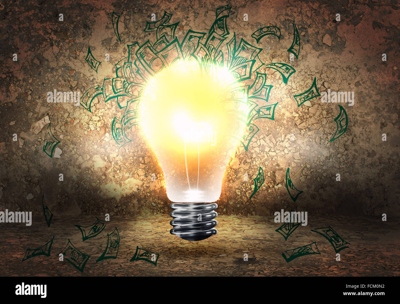 Background image with light bulb and money banknotes Stock Photo - Alamy