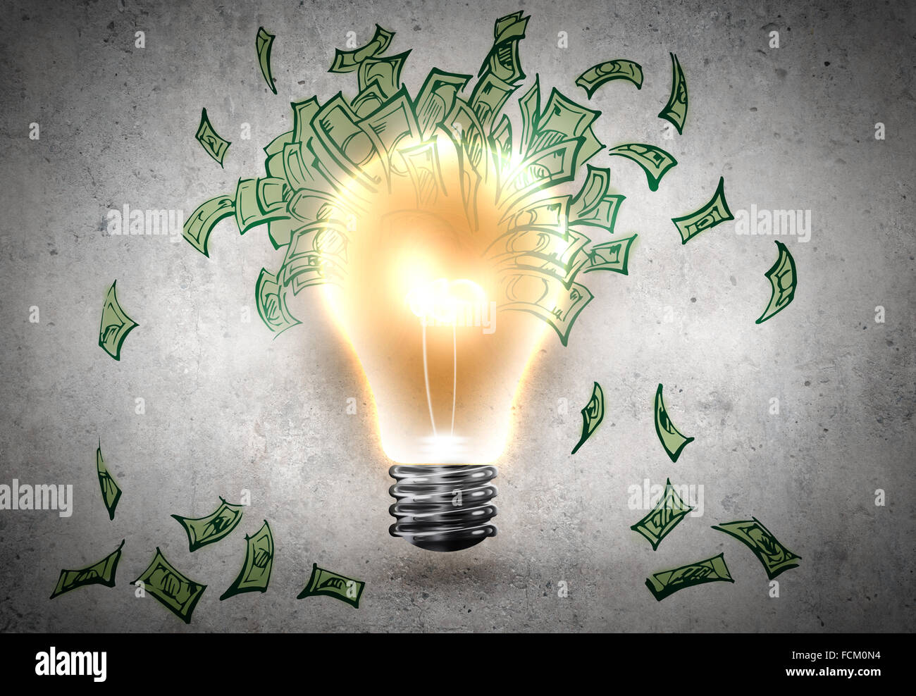 Background image with light bulb and money banknotes Stock Photo - Alamy
