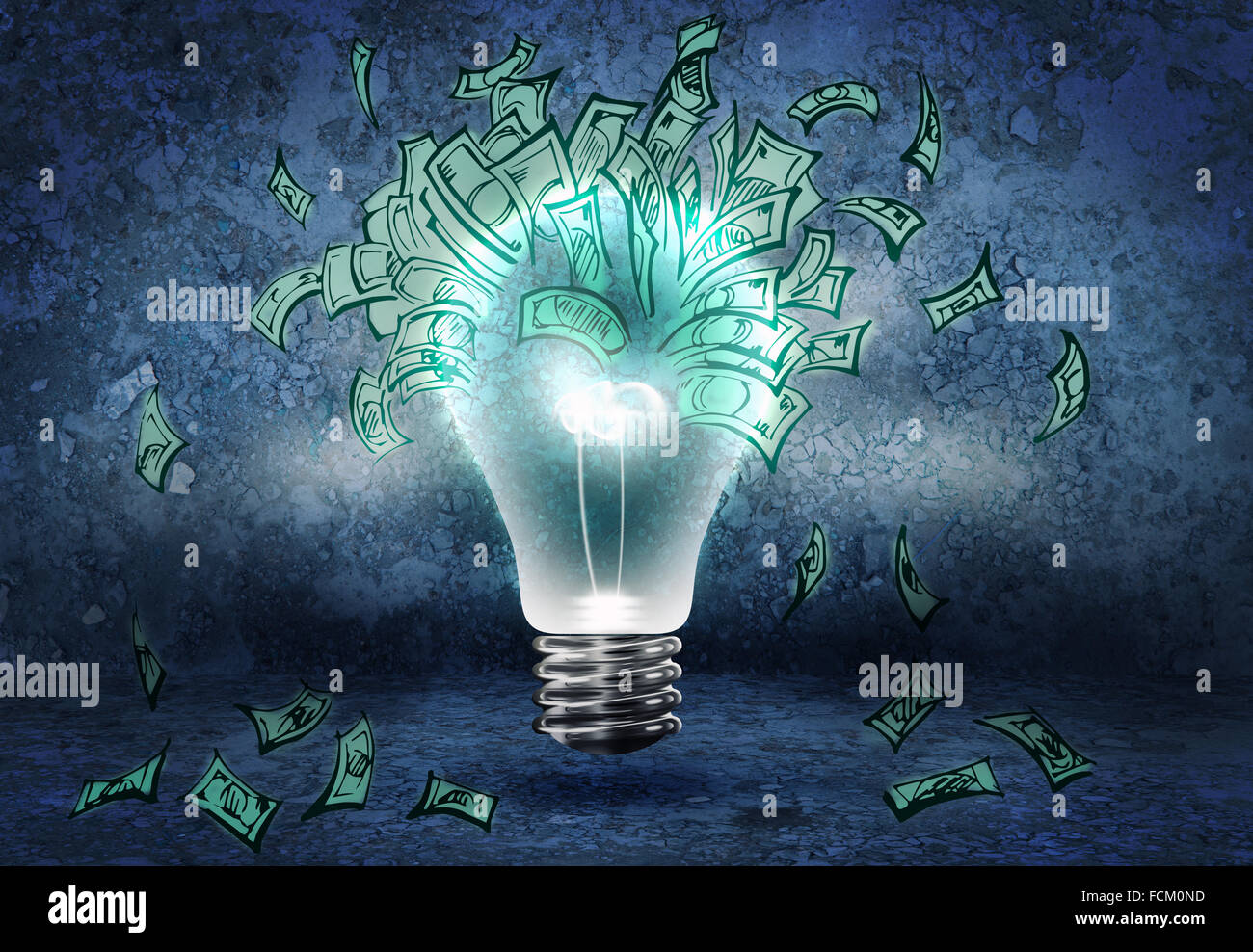 Background image with light bulb and money banknotes Stock Photo - Alamy