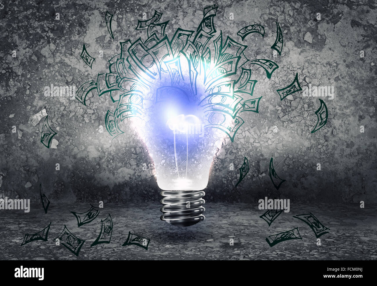 Background image with light bulb and money banknotes Stock Photo - Alamy