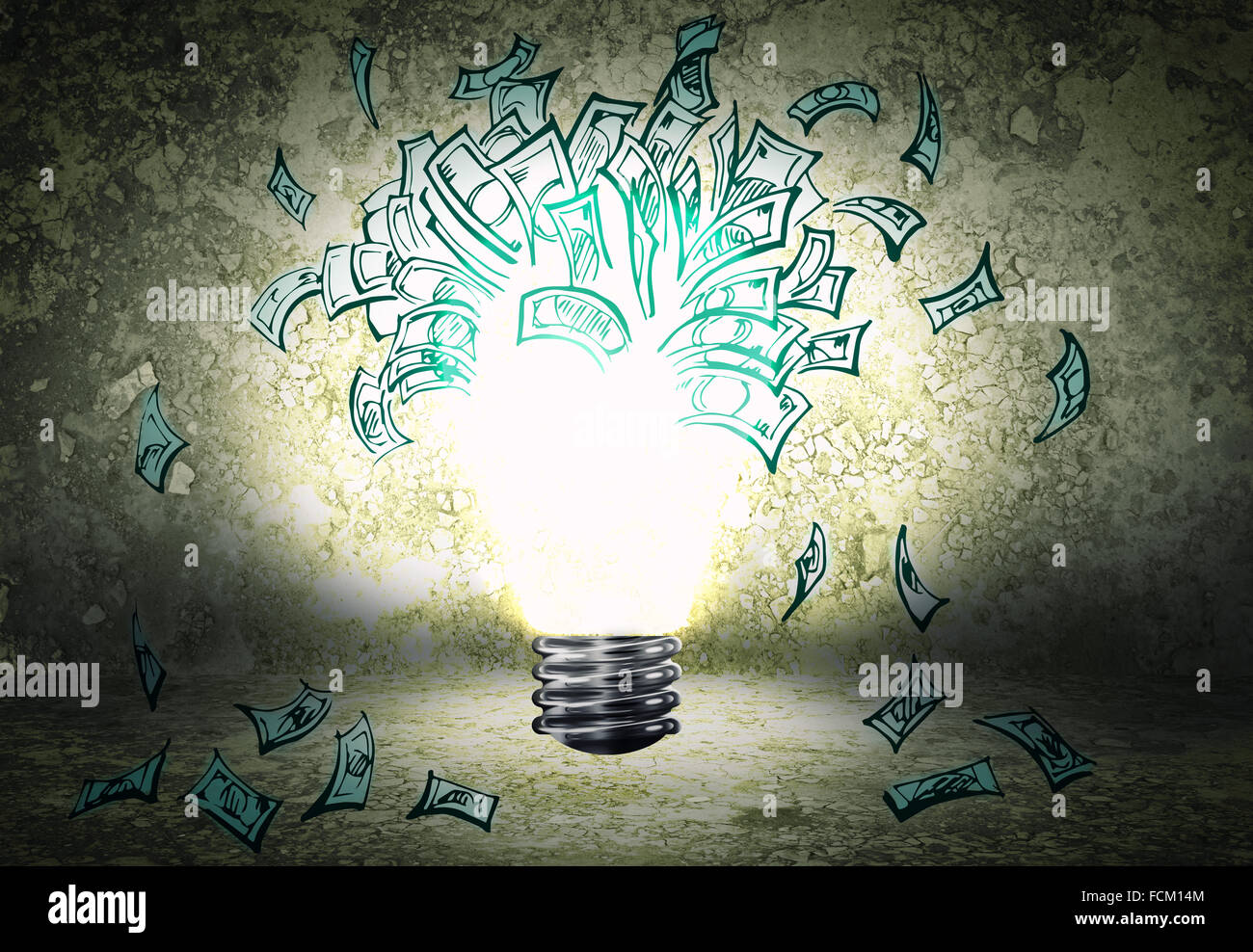 Background image with light bulb and money banknotes Stock Photo - Alamy