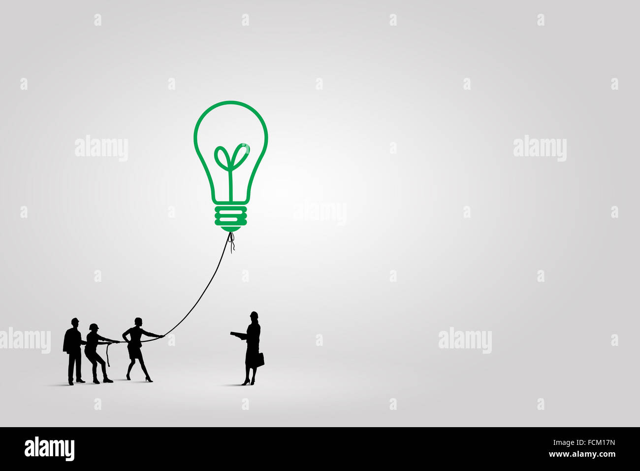 Little silhouettes of people pulling light bulb on rope Stock Photo - Alamy