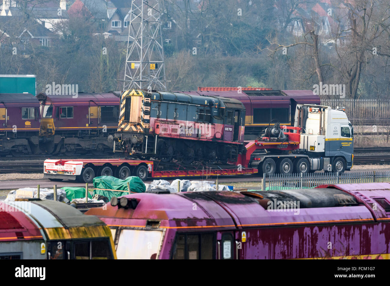 Class 08 diesel shunter being removed from Toton depot on the back of a ...
