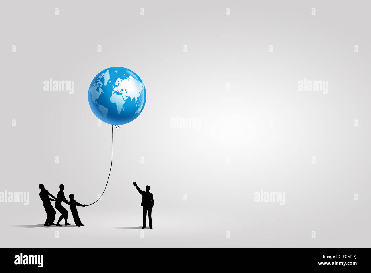 Silhouettes of people pulling Earth plane with rope Stock Photo - Alamy