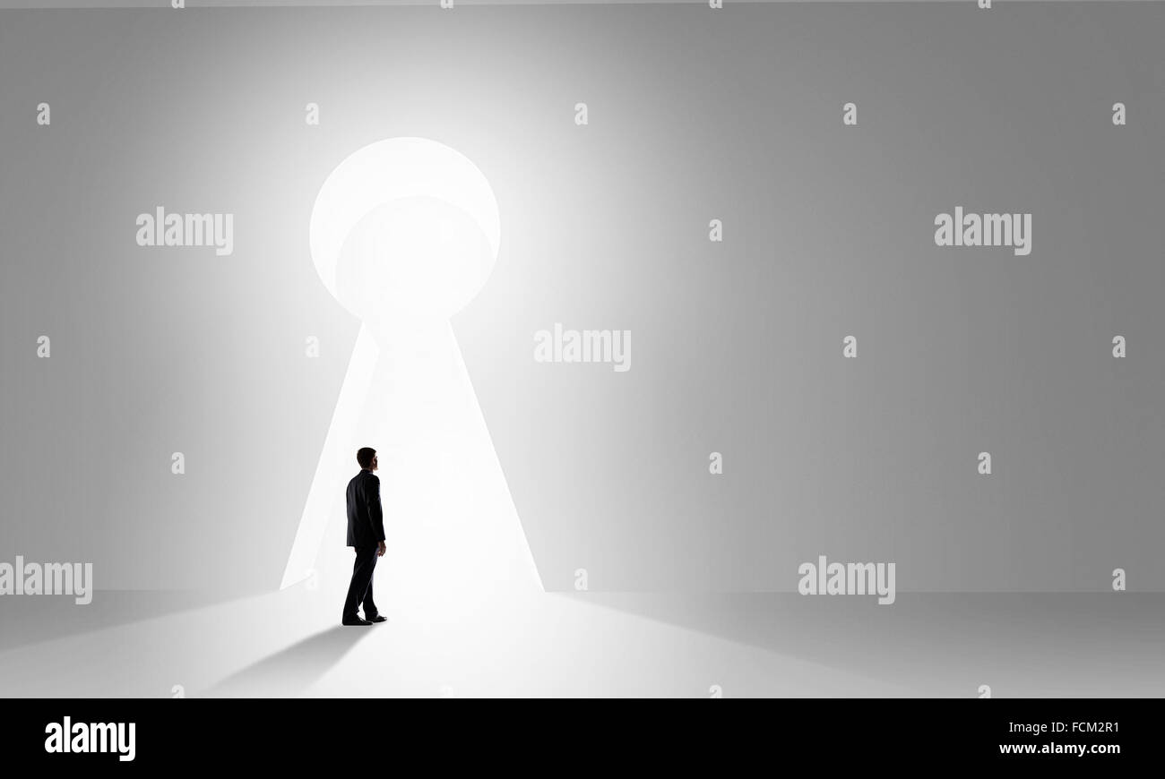 Back view of businessman standing in keyhole doorway Stock Photo - Alamy