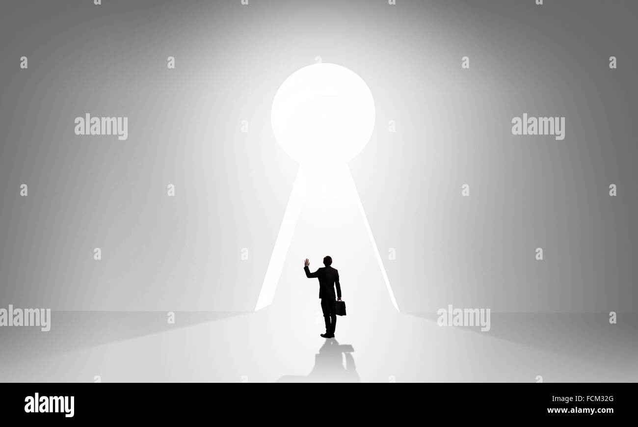 Back view of businessman standing in keyhole doorway Stock Photo - Alamy