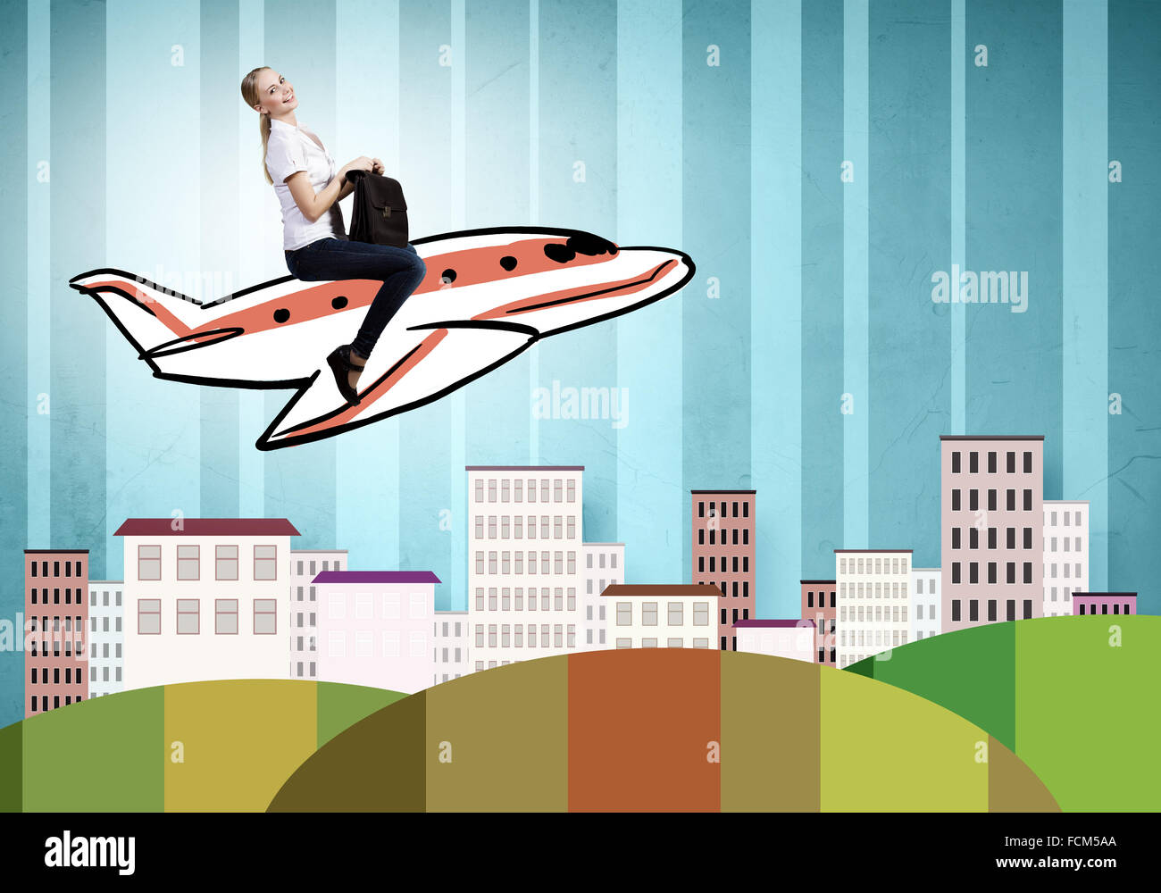 Young woman riding drawn airplane flying in air Stock Photo - Alamy