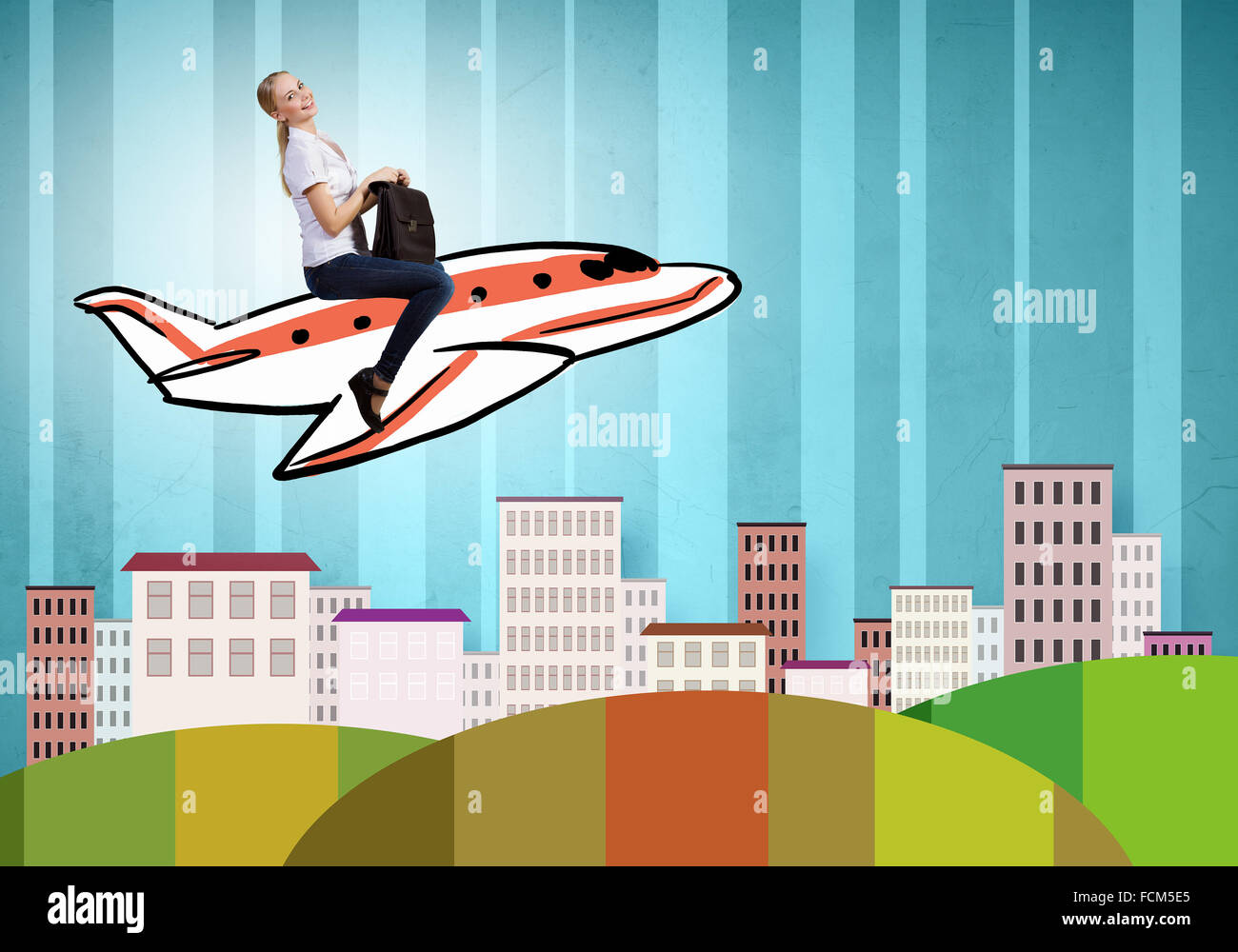 Young woman riding drawn airplane flying in air Stock Photo - Alamy