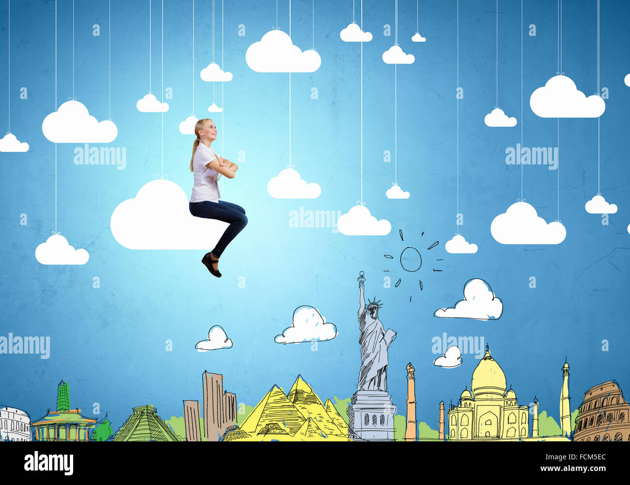 Young pretty girl riding on cloud high in sky Stock Photo - Alamy