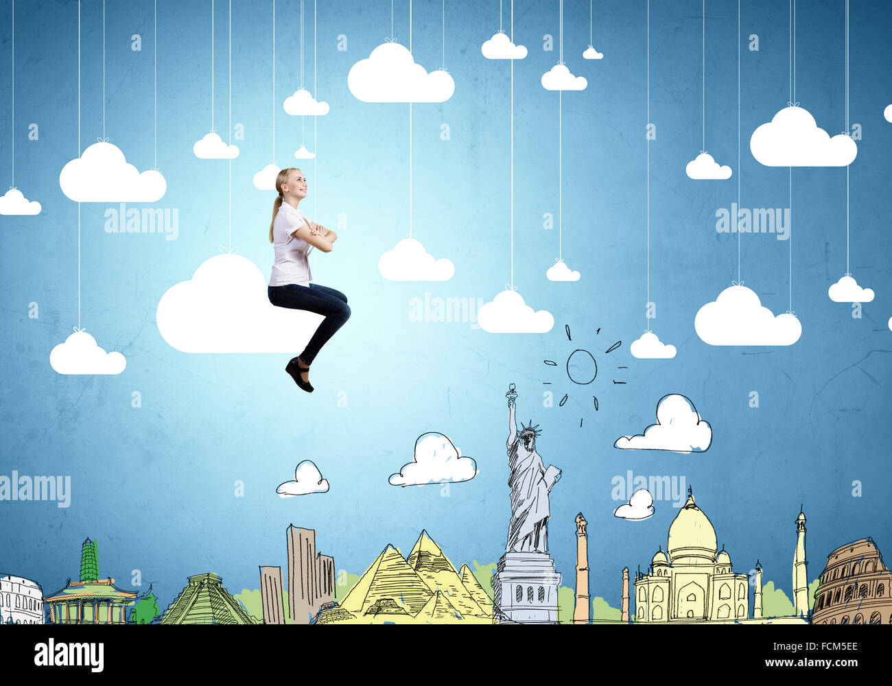 Young pretty girl riding on cloud high in sky Stock Photo - Alamy