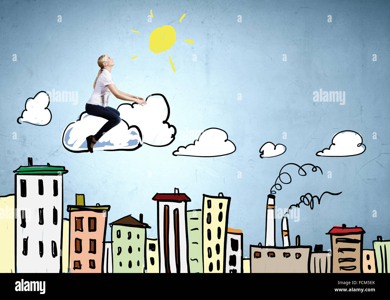 Young pretty girl riding on cloud high in sky Stock Photo - Alamy