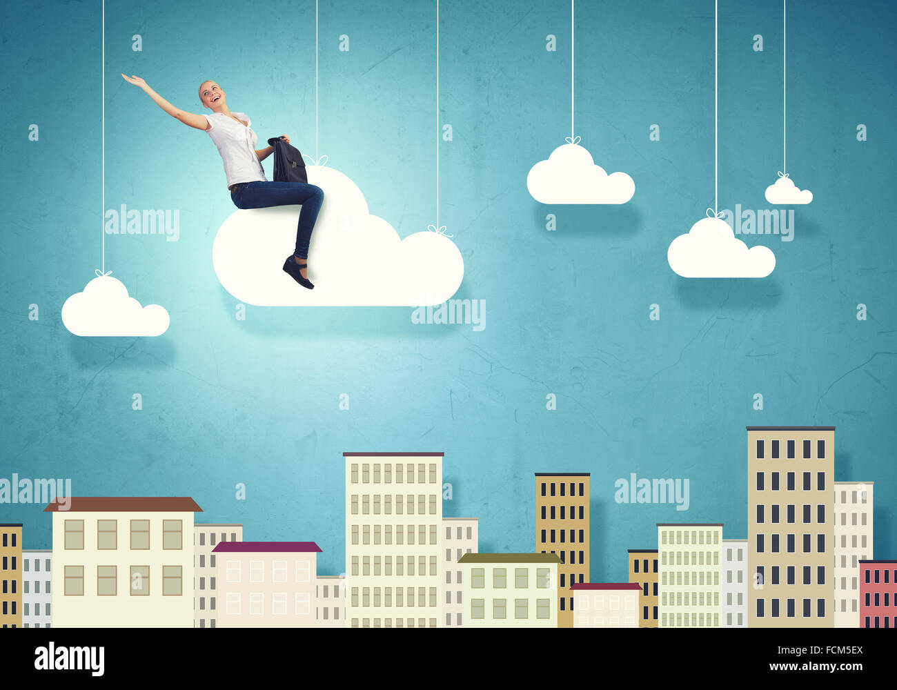 Young pretty girl riding on cloud high in sky Stock Photo - Alamy