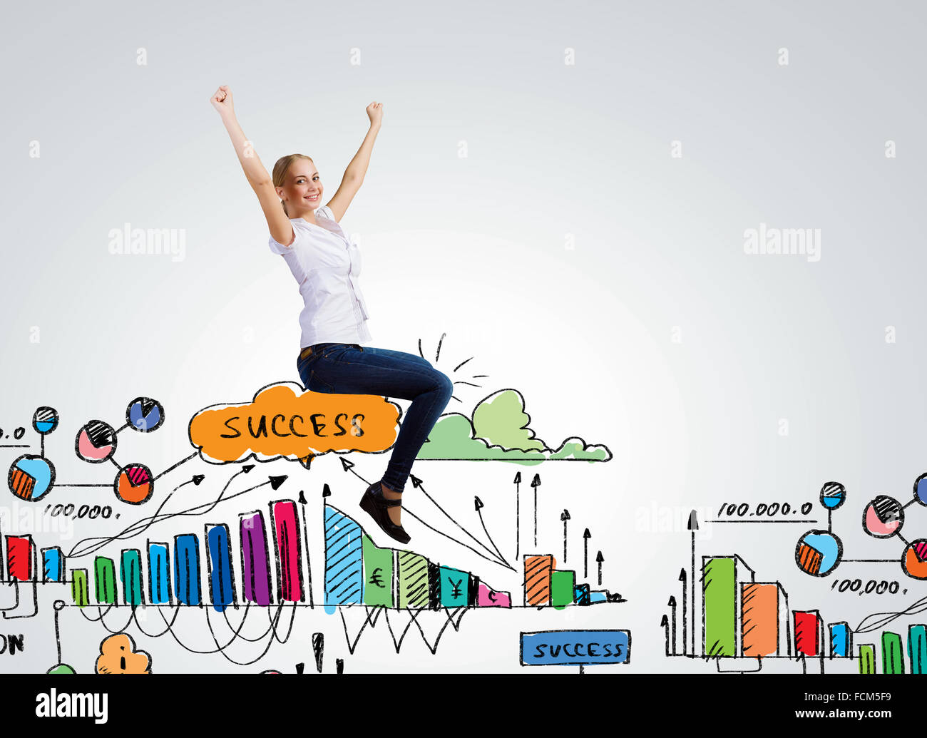 Young pretty girl riding on cloud high in sky Stock Photo - Alamy