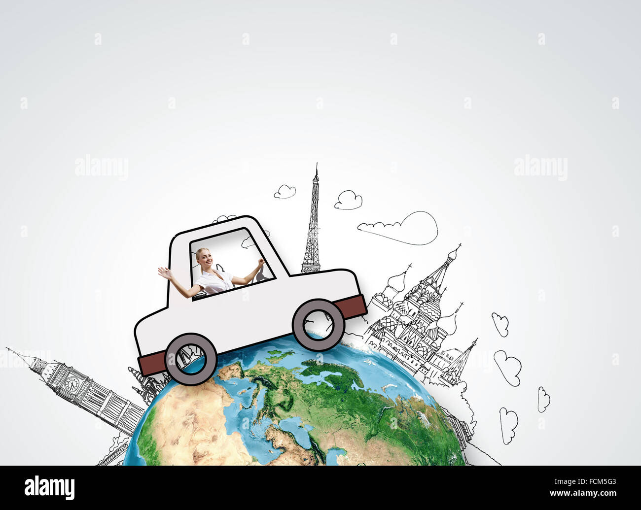 Young girl driving drawn little funny car. Elements of this image are ...
