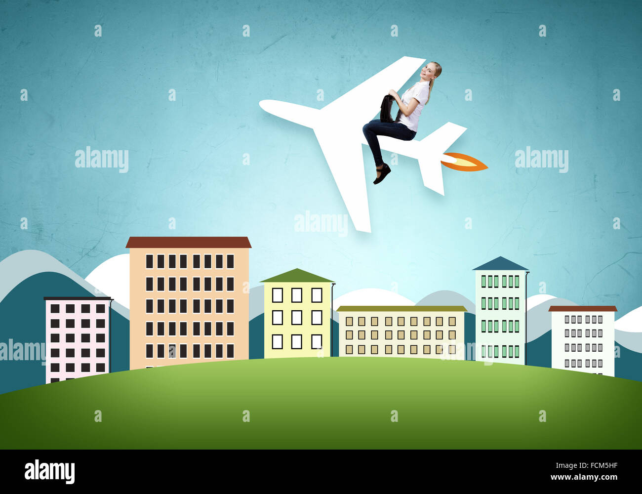 Young woman riding drawn airplane flying in air Stock Photo - Alamy