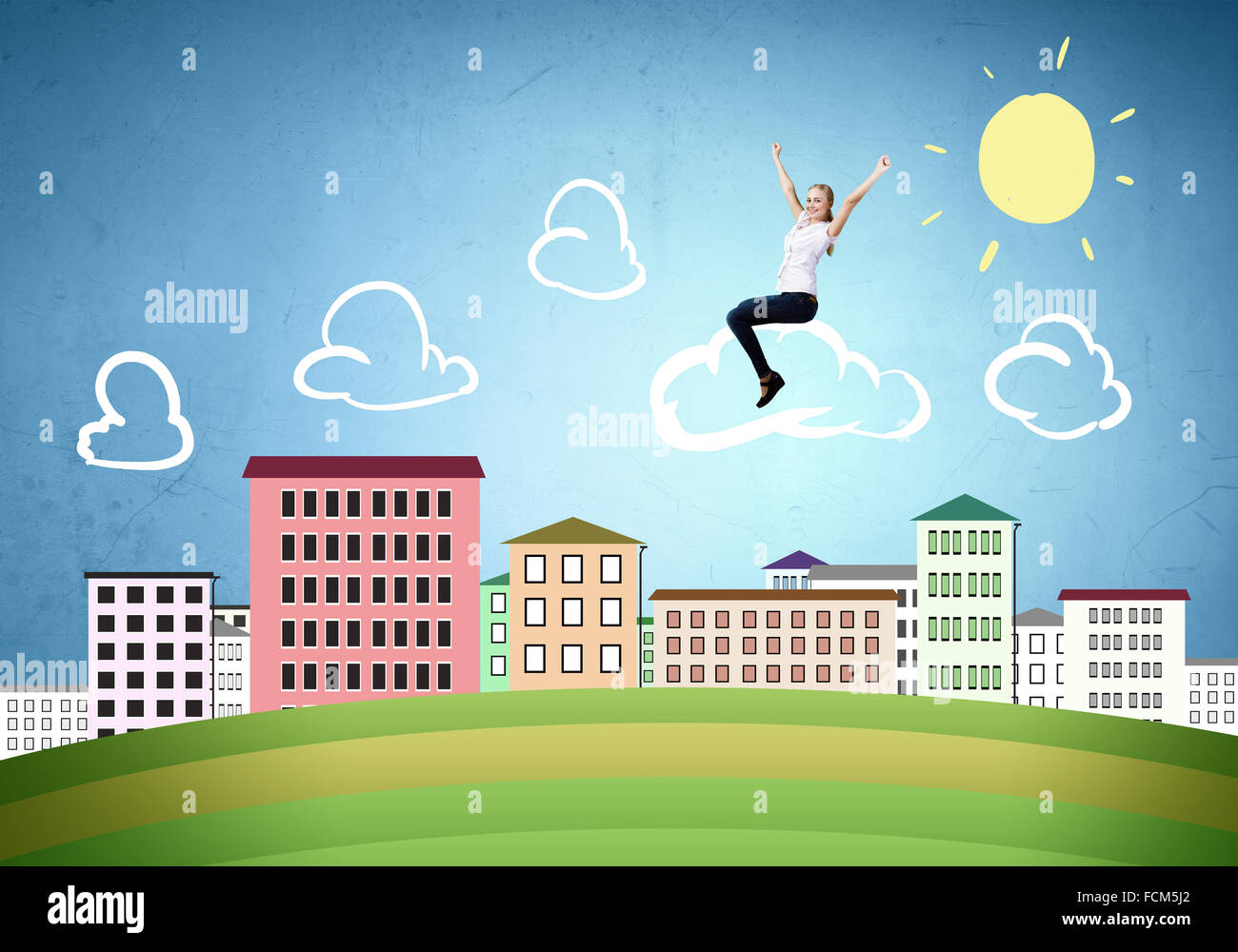 Young pretty girl riding on cloud high in sky Stock Photo - Alamy