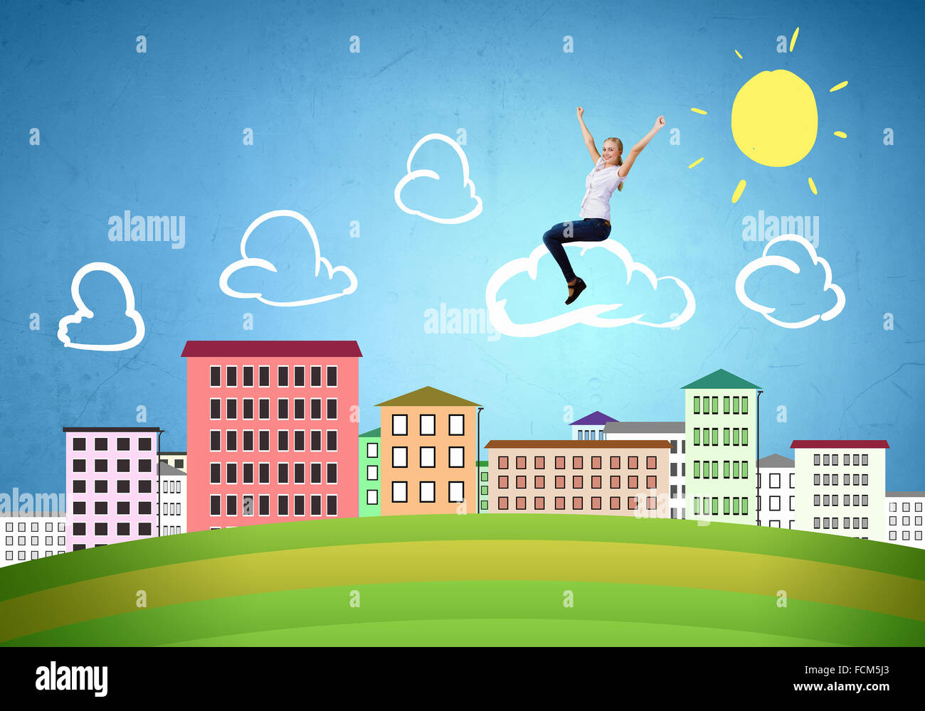 Young pretty girl riding on cloud high in sky Stock Photo - Alamy