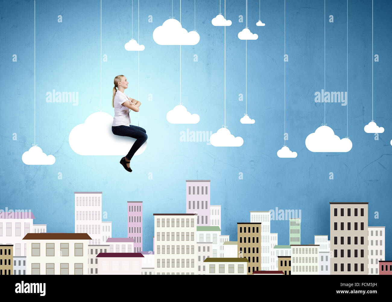 Young pretty girl riding on cloud high in sky Stock Photo - Alamy