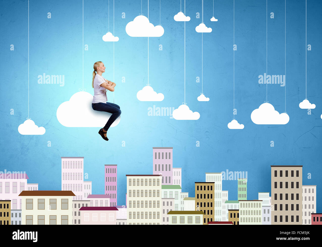 Young pretty girl riding on cloud high in sky Stock Photo - Alamy