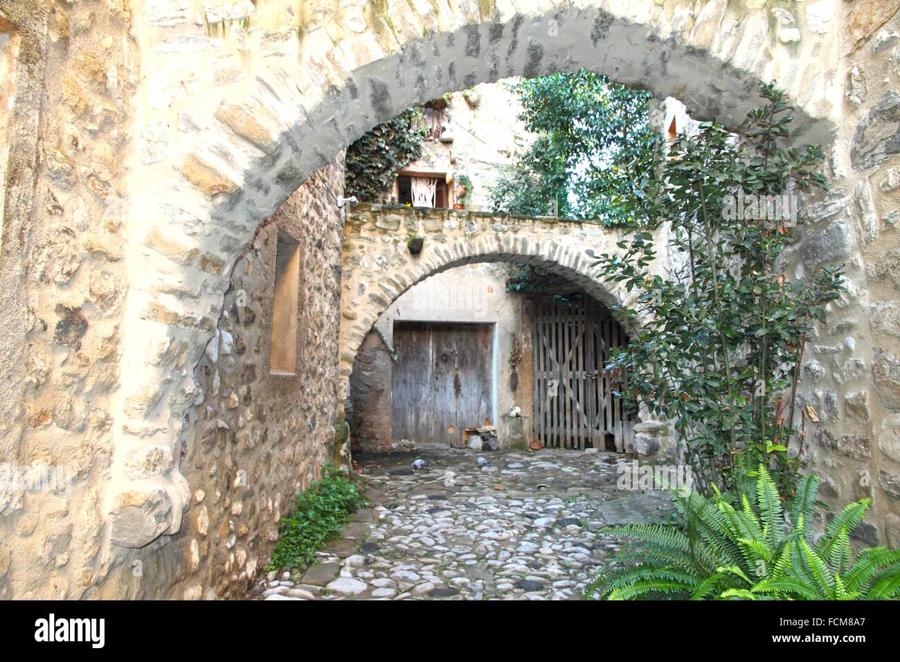 Medieval arcades Besalu village Gerona Catalonia Spain Stock Photo - Alamy