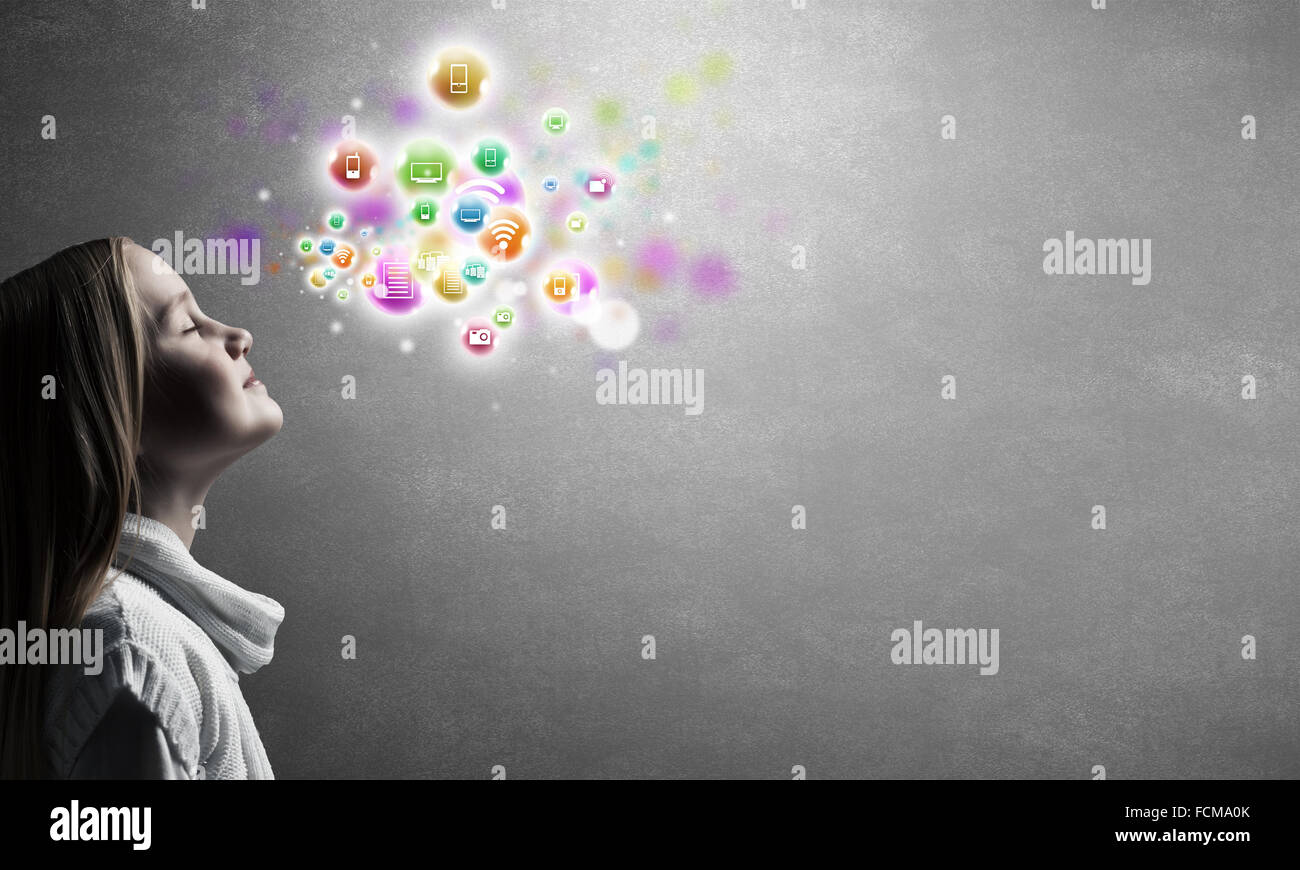 Side view of cute screaming girl against dark background Stock Photo ...