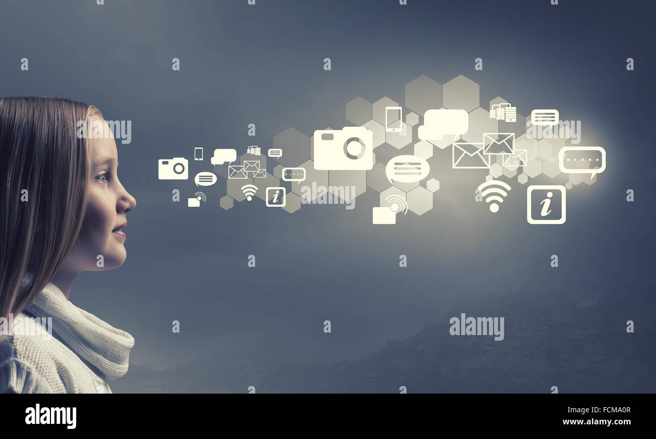 Side view of cute screaming girl against dark background Stock Photo ...