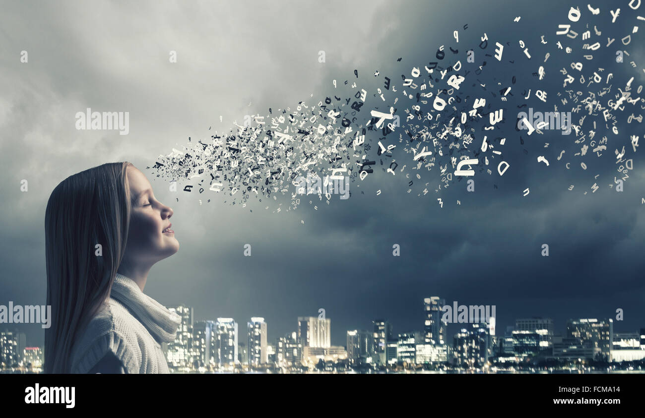Side view of cute screaming girl against dark background Stock Photo ...