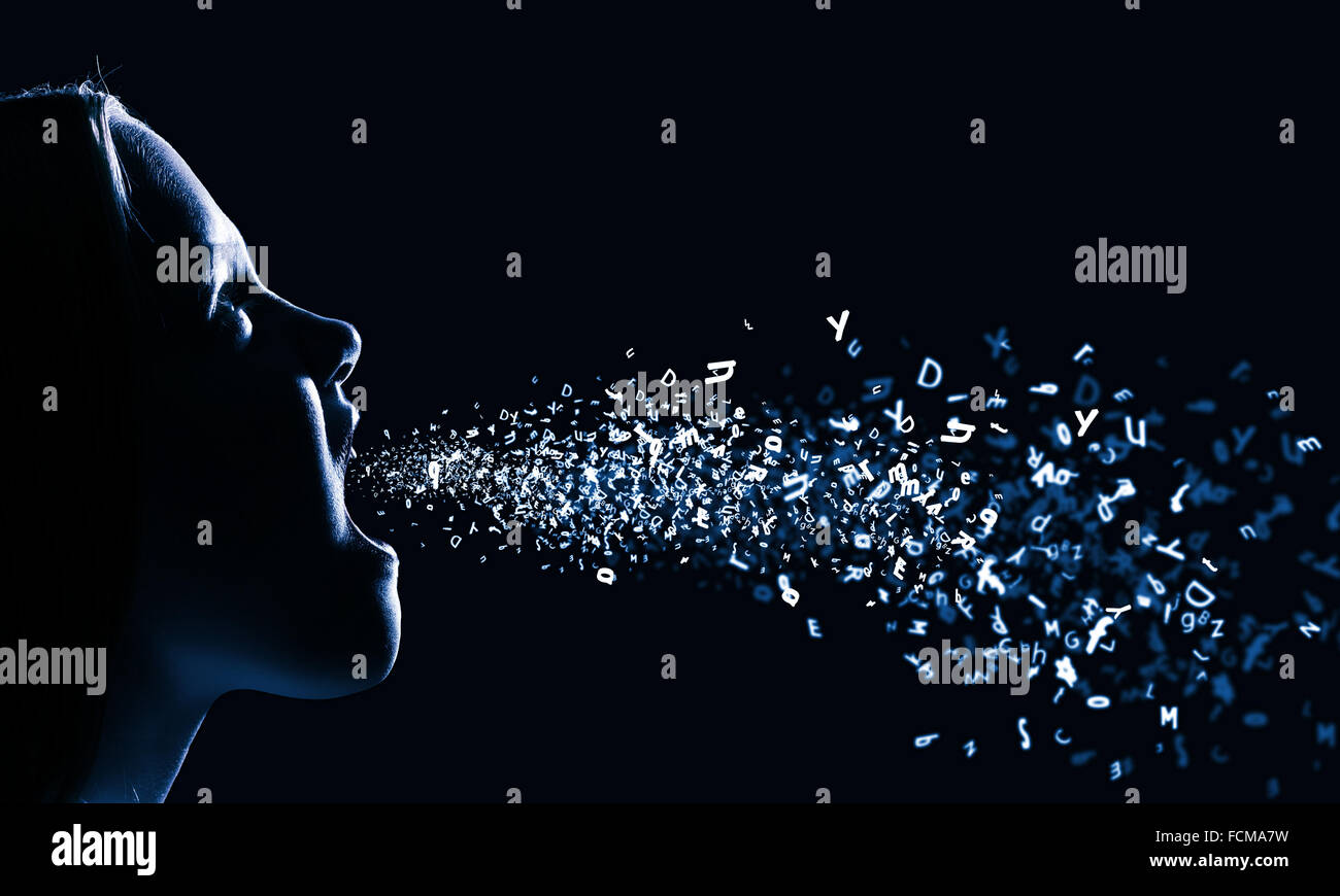 Side view of cute screaming girl against dark background Stock Photo ...