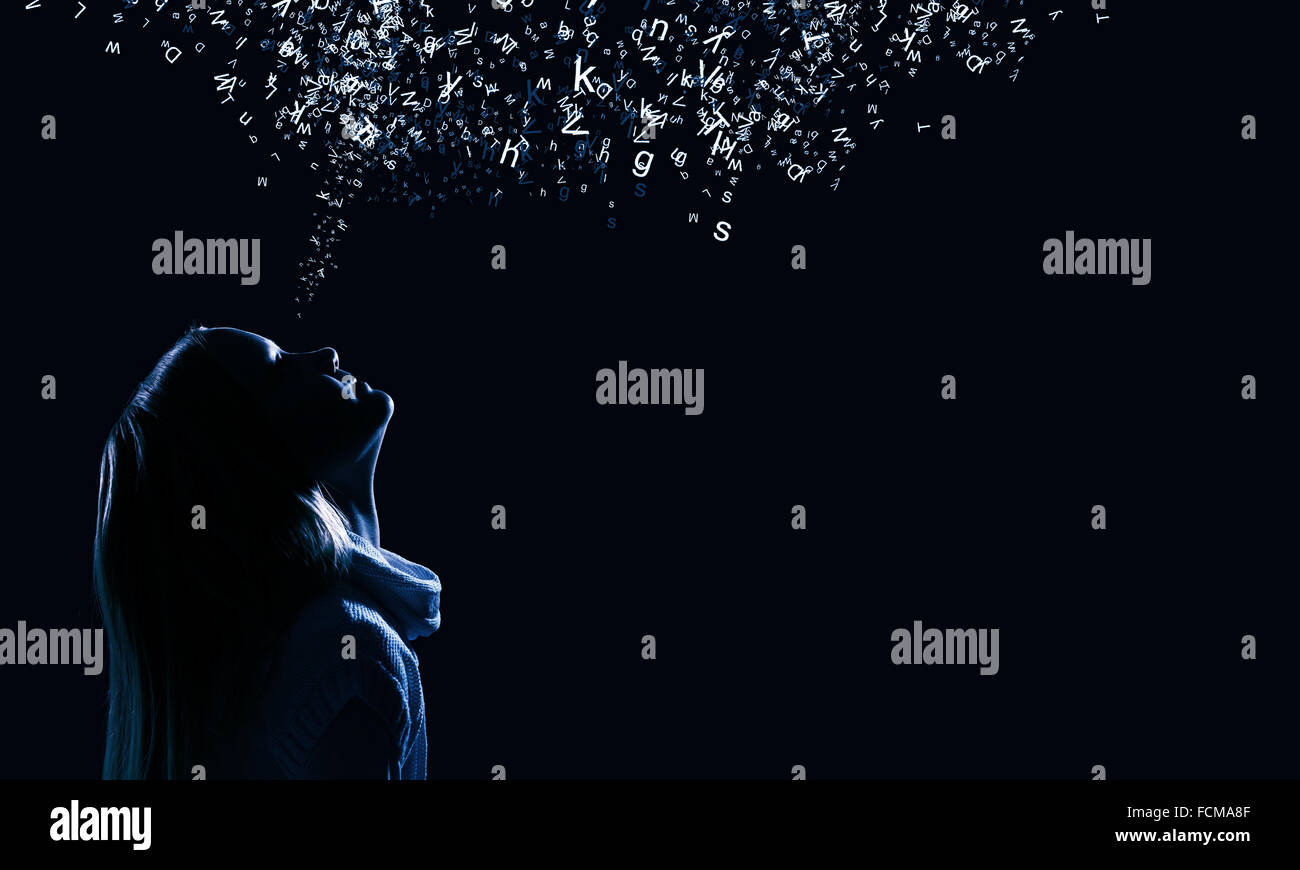 Side view of cute screaming girl against dark background Stock Photo ...