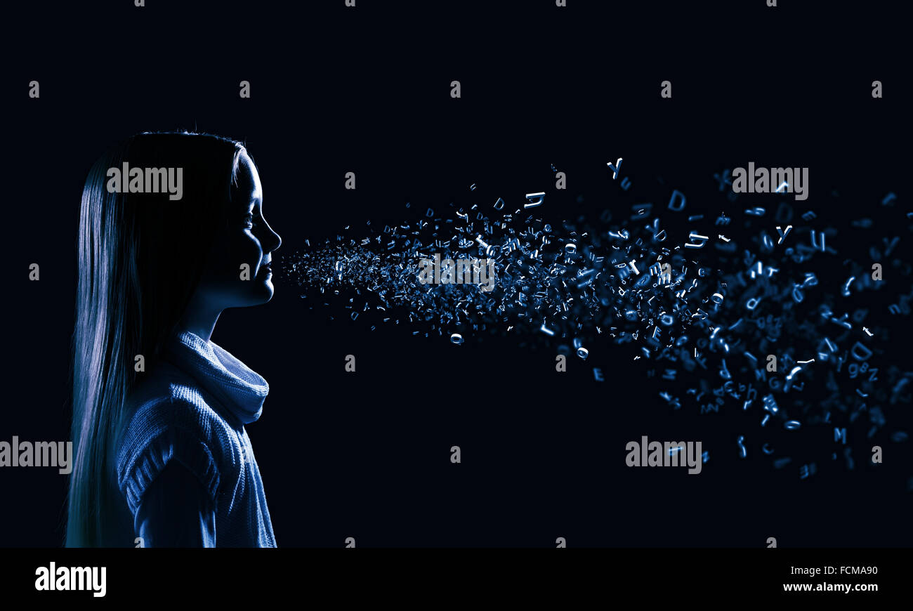 Side view of cute screaming girl against dark background Stock Photo ...