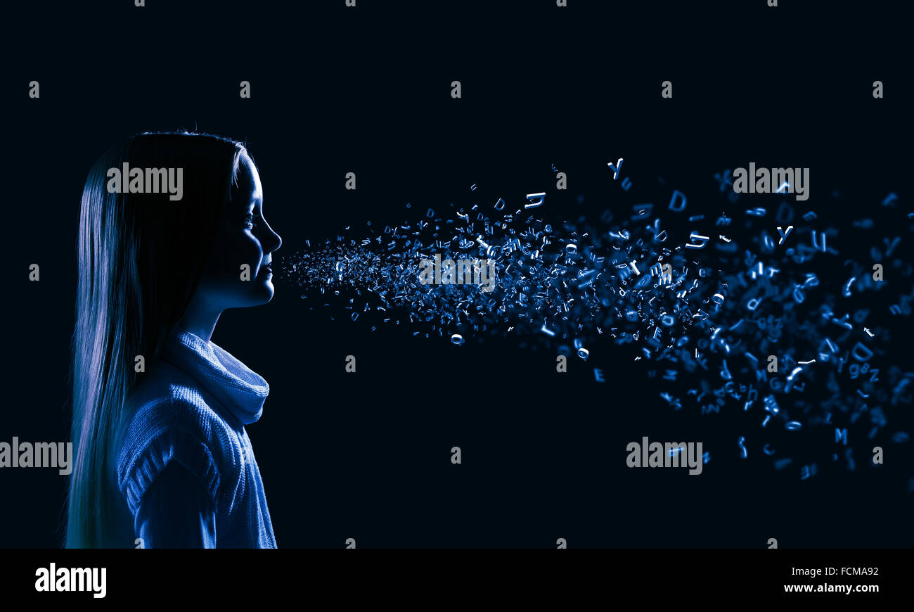 Side view of cute screaming girl against dark background Stock Photo ...