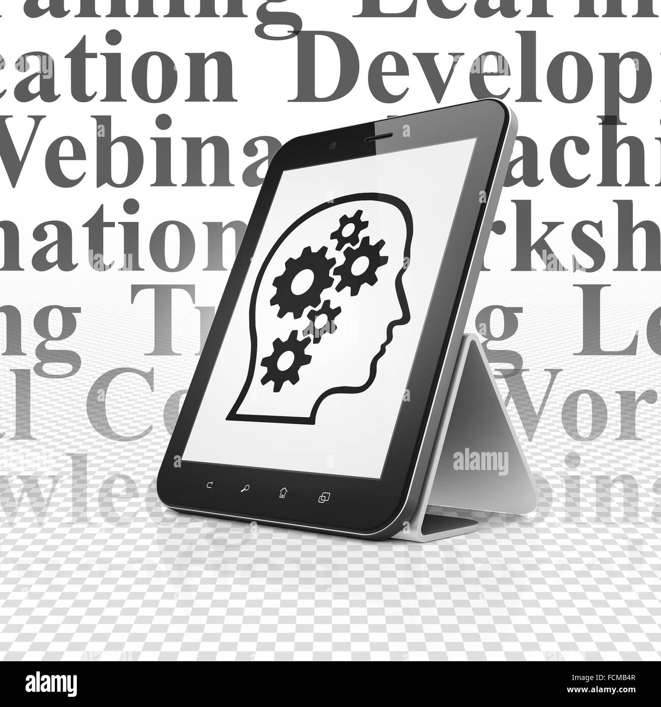 Learning concept: Tablet Computer with Head With Gears on display Stock ...