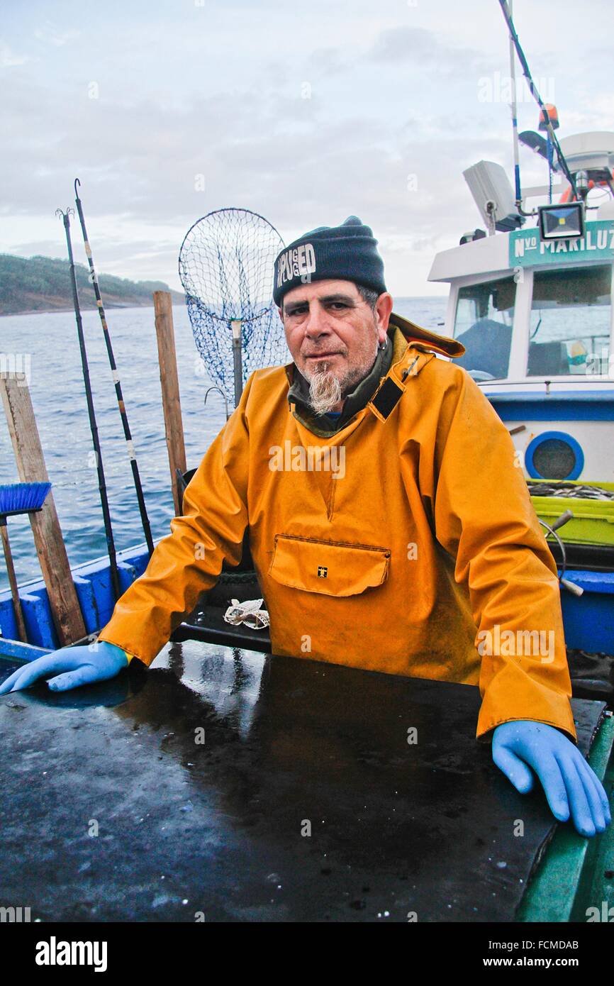 Fiherman on board in a fisher boat , Bay of Biscay Asturias, Spain ...