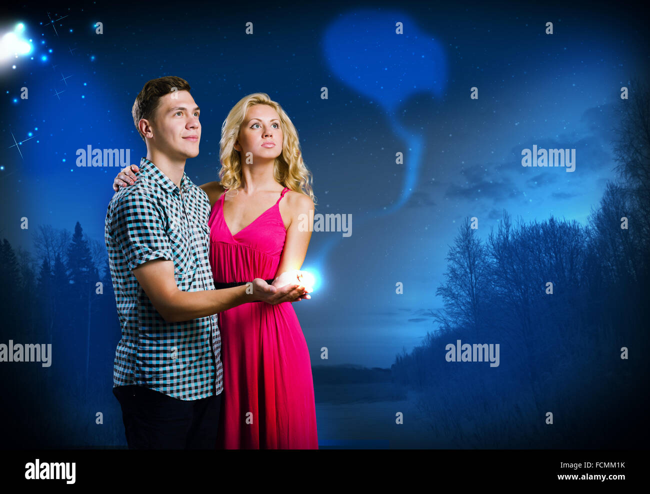 Young happy couple hugging each other and dreaming about future Stock ...