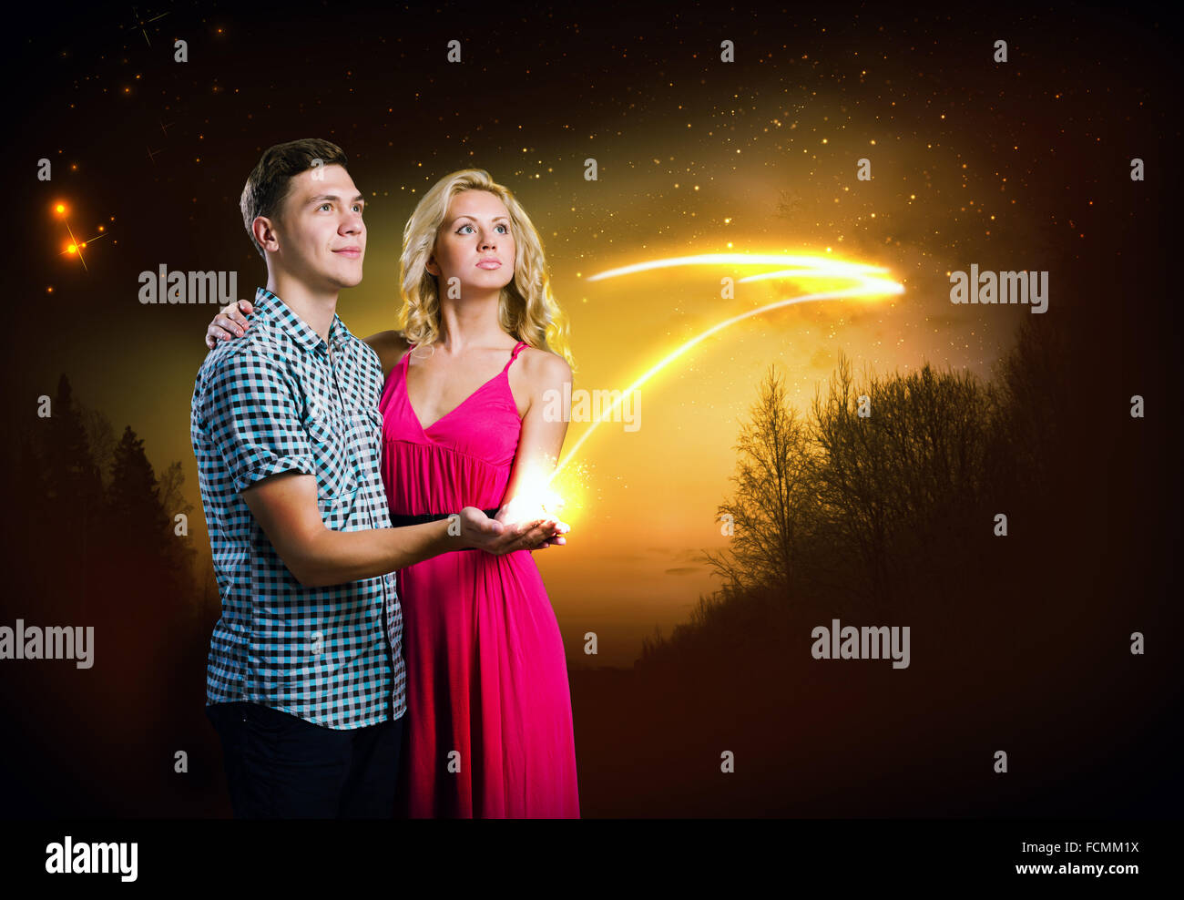Young happy couple hugging each other and dreaming about future Stock ...