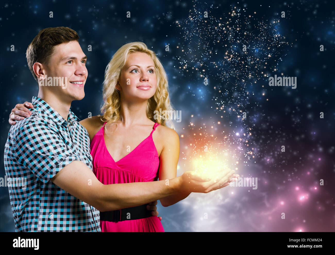 Young happy couple hugging each other and dreaming about future Stock ...